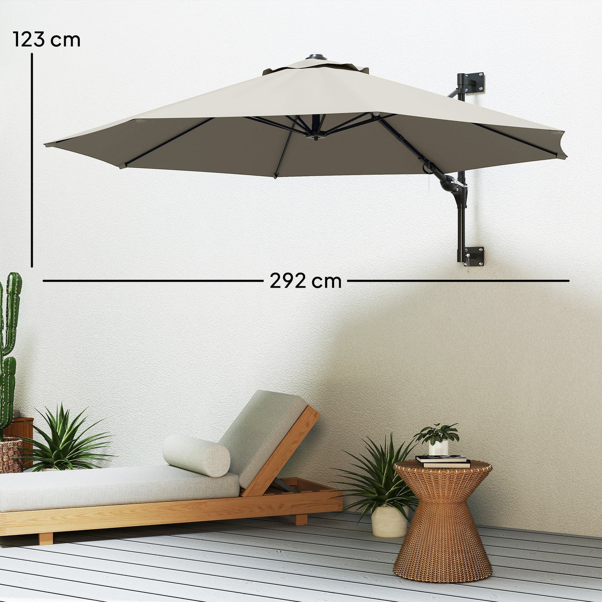 Outsunny 3(m) Wall-Mounted Parasol Shade, with Handle - Light Grey ...